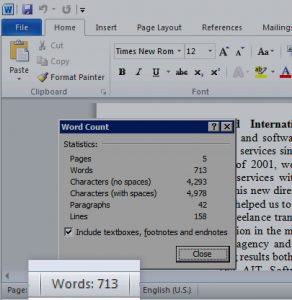How do you know a word count in Microsoft Word 2010?