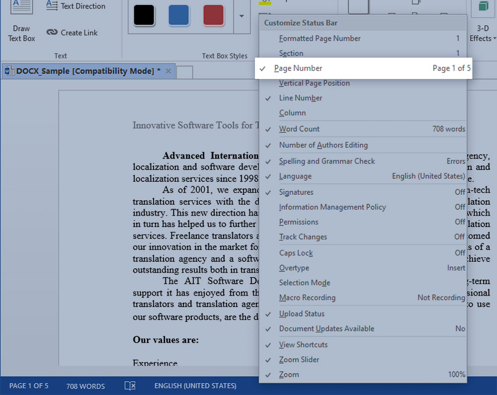 How can you check a page count in Microsoft Word?