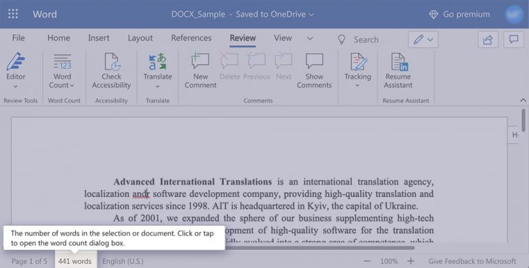 How to check a word count in Microsoft Word Online?