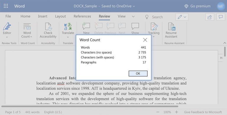 How to check a word count in Microsoft Word Online?